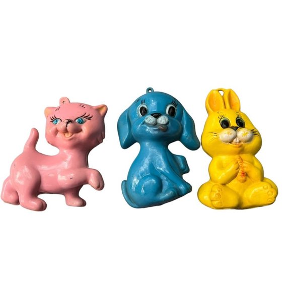 Toys | Vintage Plastic Rubber Baby Toys Pink Cat Blue Dog Yellow Bunny ...